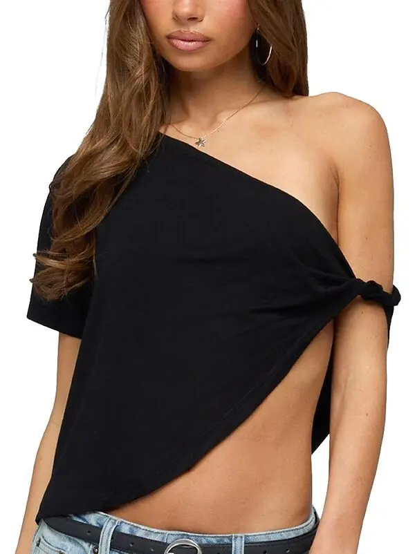 EDIKTED Asymmetrical Twisted Off-shoulder Top - Black