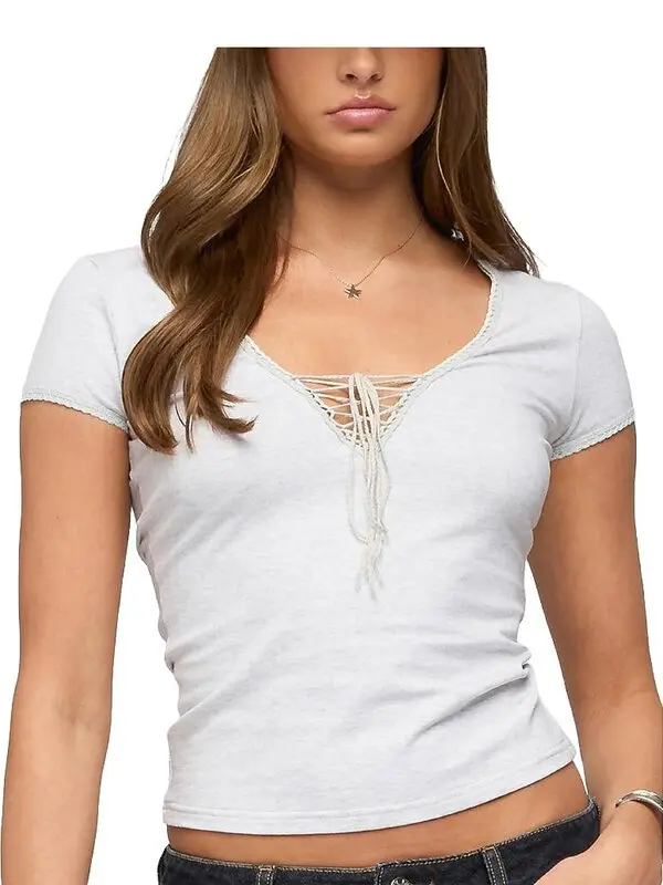 EDIKTED Balor Lace Up V Neck T-shirt - Gray-melange