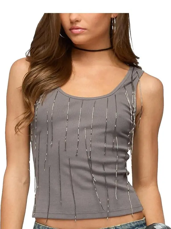 EDIKTED Beaded Fringe Ribbed Tank Top - Dark-gray