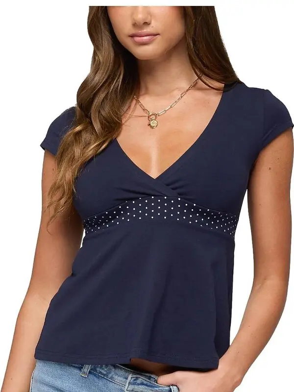 EDIKTED Polka Dot V Neck Top - Navy