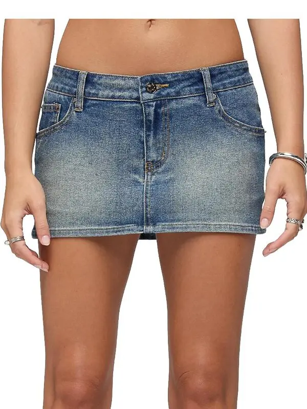 EDIKTED Seffie Low Rise Stretch Denim Micro Skort - Blue-washed