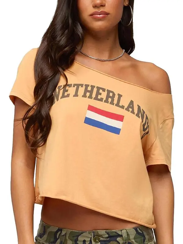 EDIKTED Off Shoulder T-shirt With Graphic Print - Orange