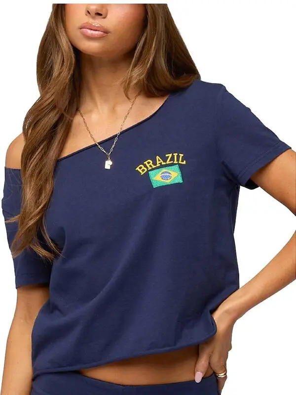 EDIKTED Brazilian Babe Off-shoulder T-shirt - Navy
