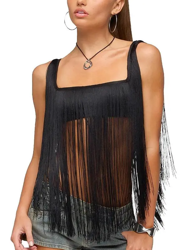 EDIKTED Eranthe Fringed Crop Top - Black
