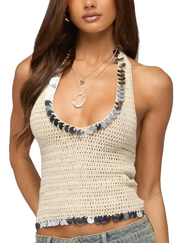 EDIKTED Kimiko Sequin Crochet Halter Top - Beige