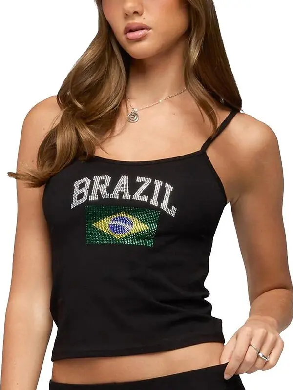 EDIKTED Embellished Brazil Flag Tank Top - Black