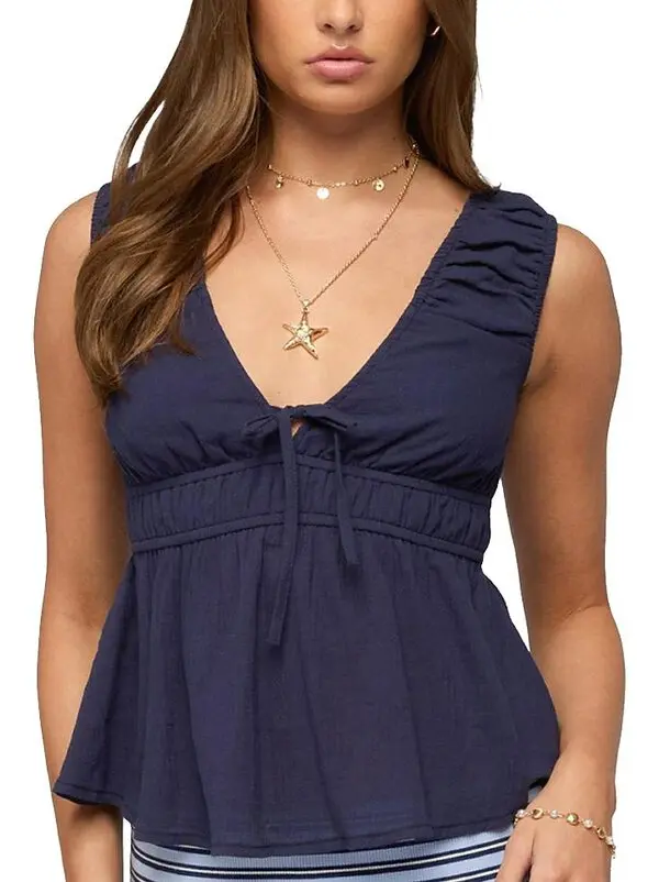 EDIKTED Bertha V Neck Babydoll Top - Navy