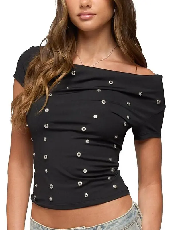 EDIKTED Bijou Metal Snap Cowl Neck Top - Black