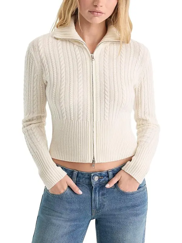 Good American Wool Cashmere Cable Zip Up Sweater - Chalk