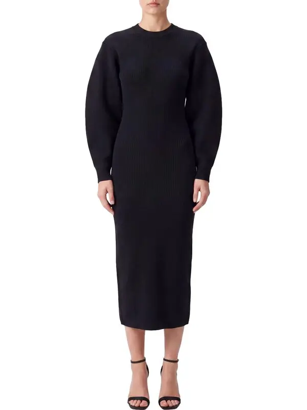 Loulou De Saison Elena Viscose-blend Knit Midi Dress With Balloon Sleeves - Black