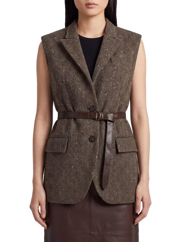 Brunello Cucinelli Chevron Wool Tailored Waistcoat With Belt - Brown