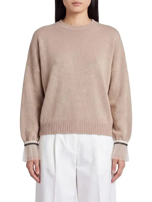 Brunello Cucinelli Ribbed Knit Sweater With Sheer Cuffs - Beige