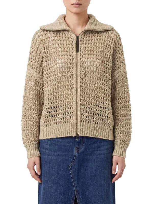 Brunello Cucinelli Zip-up Knit Sweater With Embellishments - Beige