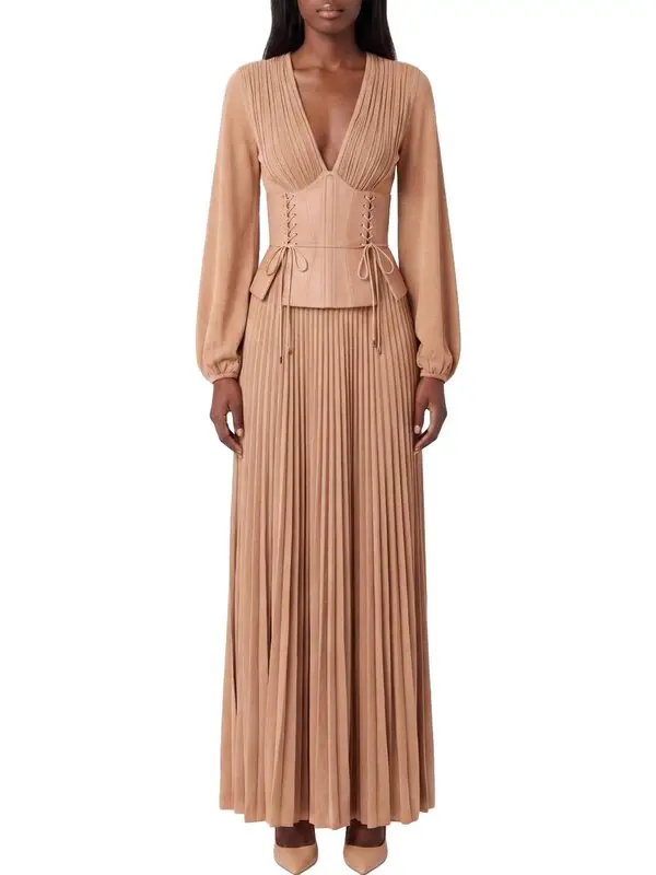 Elisabetta Franchi Long Sleeve V-neck Corset Gown - Beige