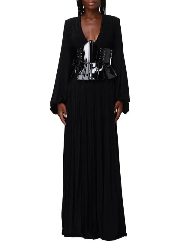 Elisabetta Franchi Long Sleeve V-neck Corset Gown - Black