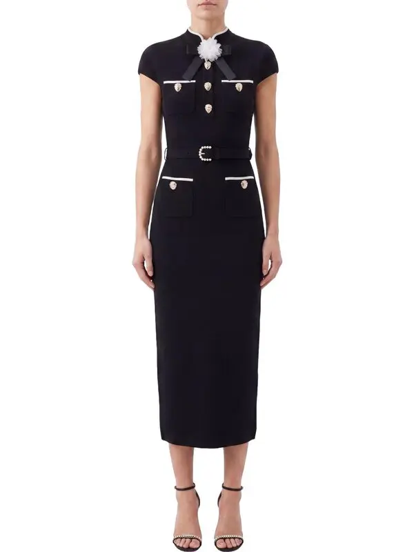 SELF-PORTRAIT Wool Crepe Sheath Midi Dress With Jeweled Buttons And Bow Detail - Black