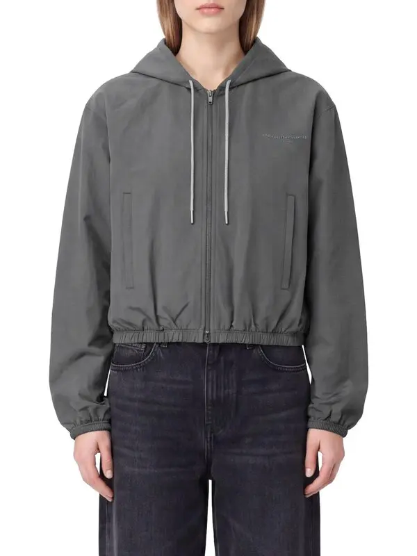 Alexander Wang Cotton Blend Hooded Bomber Jacket With Contrast Logo - Grey