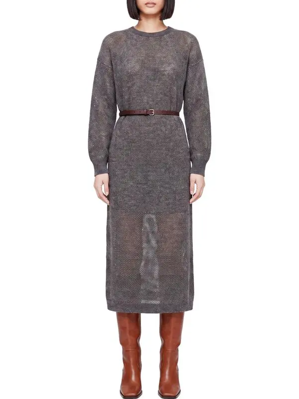 Brunello Cucinelli Mohair Blend Midi Knit Dress With Belt And Crewneck - Grey