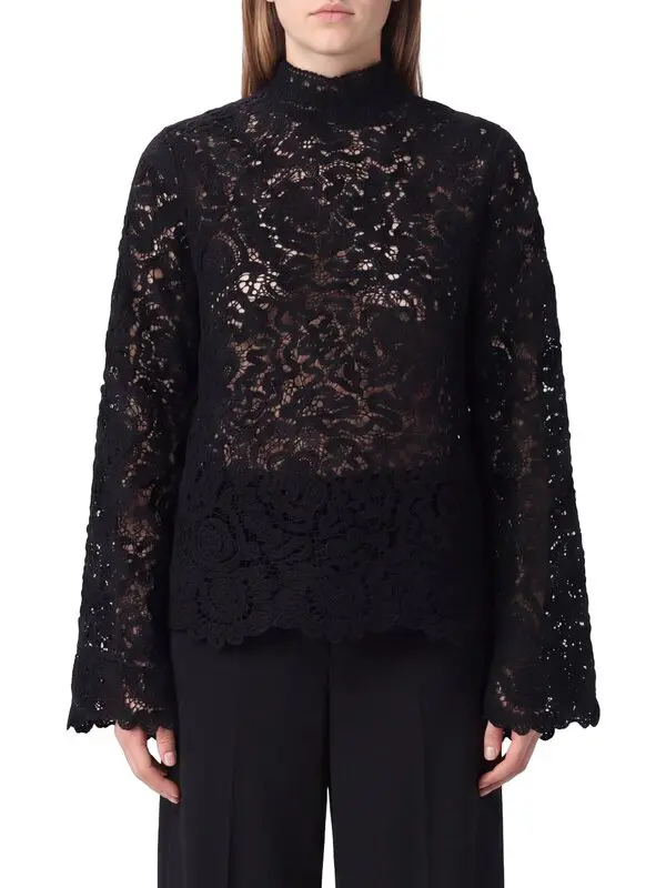 SEMICOUTURE Long-sleeve Lace Turtleneck Evening Top - Black