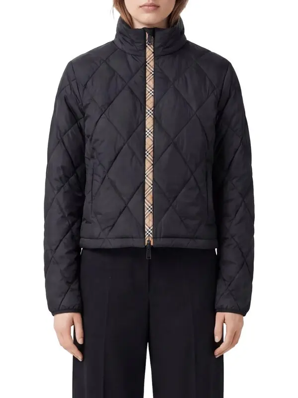 Burberry Quilted Nylon High Neck Zip Closure Short Puffer Jacket - Black