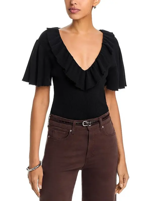Paige Inaya Merino Wool & Cotton Top With Ruffle Neckline - Black