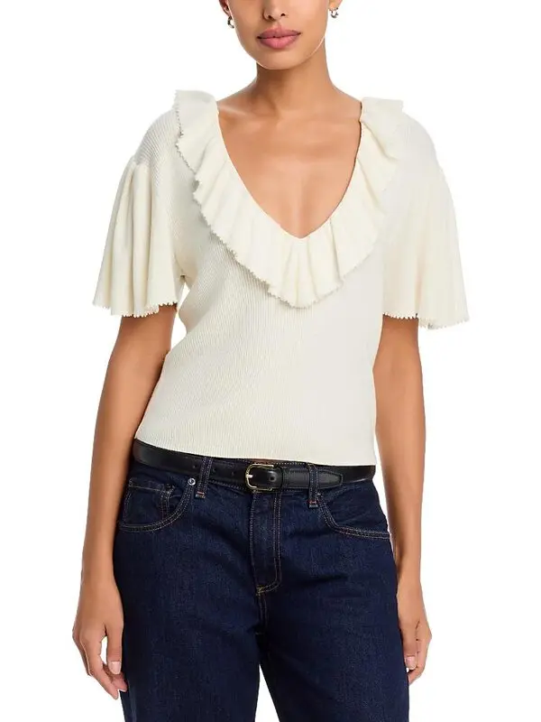 Paige Inaya Merino Wool & Cotton Top With Ruffle Neckline - Ivory
