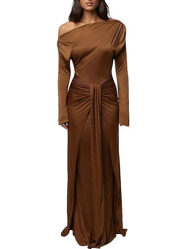 JLUXLABEL Asymmetrical Draped Maxi Dress - Tan