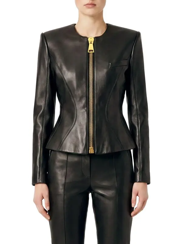 Balmain Slim Fit Short Padded Shoulder Lambskin Leather Jacket - Black