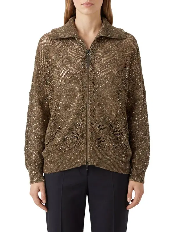 Brunello Cucinelli Mohair-blend Sequined Zip-up Cardigan - Brown