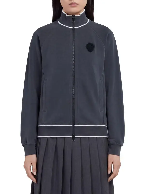 Brunello Cucinelli Zip-up Cotton Turtleneck Sweatshirt With Logo Crest - Blue