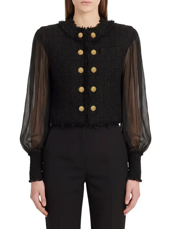 Balmain Cropped Tweed Spencer Jacket With Puff Sleeves And Frayed Details - Black