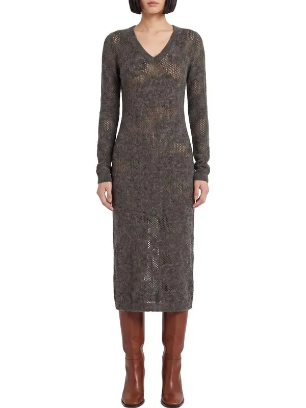 Brunello Cucinelli Slim Fit V-neck Wool Knit Midi Dress - Grey