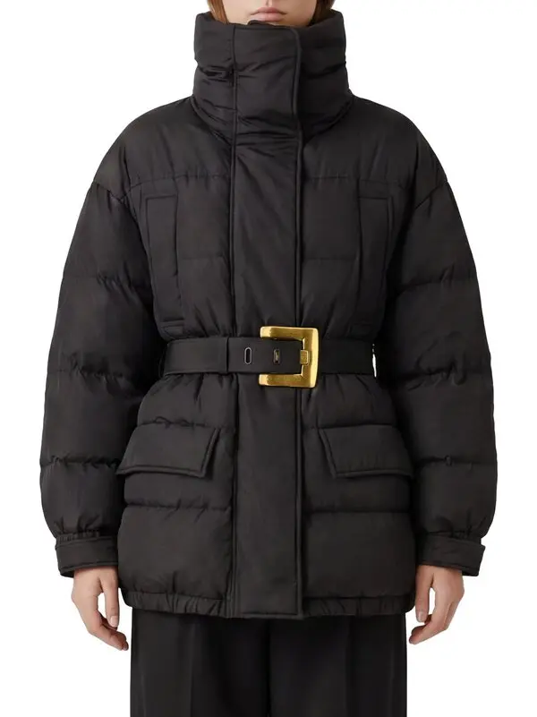 Balmain Technical Fabric Down Jacket With High Neck And Belted Waist - Black
