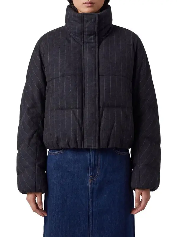 Brunello Cucinelli Pinstripe Short Quilted Wool Down Jacket With High Neck - Grey