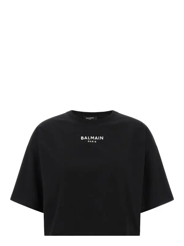 Balmain Cropped Cotton T-shirt With Contrast Logo - Black