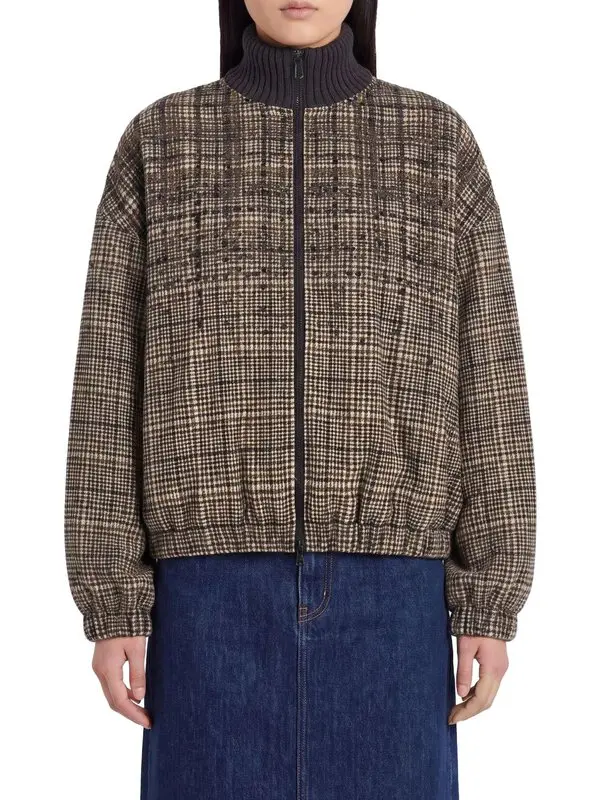 Brunello Cucinelli Relaxed Fit Sequined Prince Of Wales Check Wool Bomber Jacket - Brown