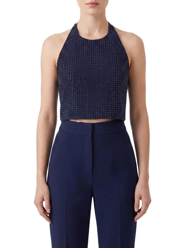 Pinko Cropped Halter Top With Rhinestone Embellishments - Blue