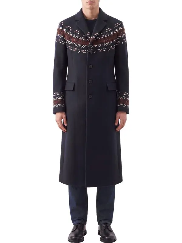 Dries Van Noten Ethnic Pattern Wool Blend Single-breasted Long Coat - Navy