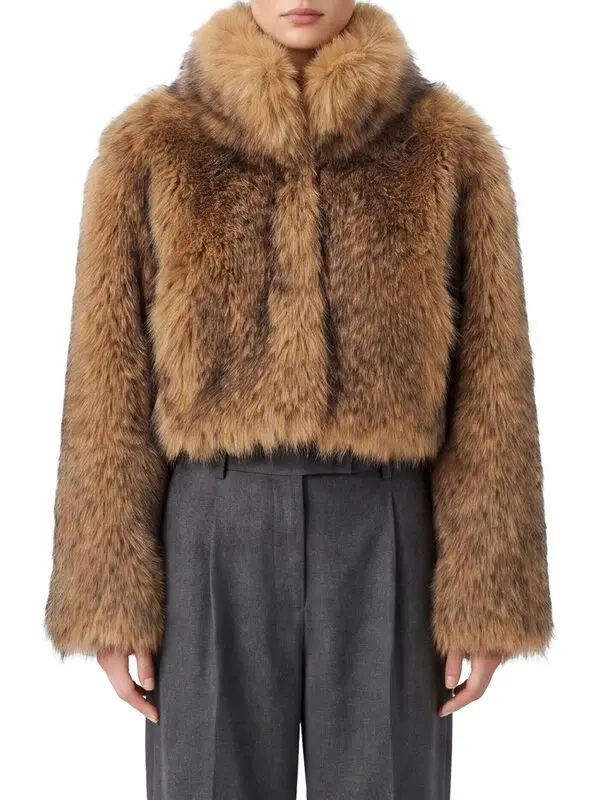 ROTATE BY BIRGER CHRISTENSEN Cropped Faux Fur High Neck Jacket - Beige