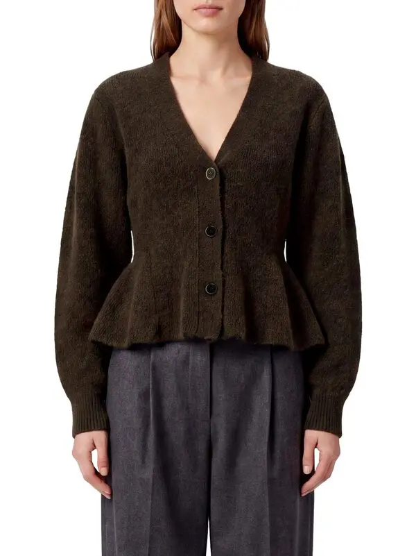 ROTATE BY BIRGER CHRISTENSEN V-neck Alpaca Wool Blend Cardigan With Ruffled Hem - Brown