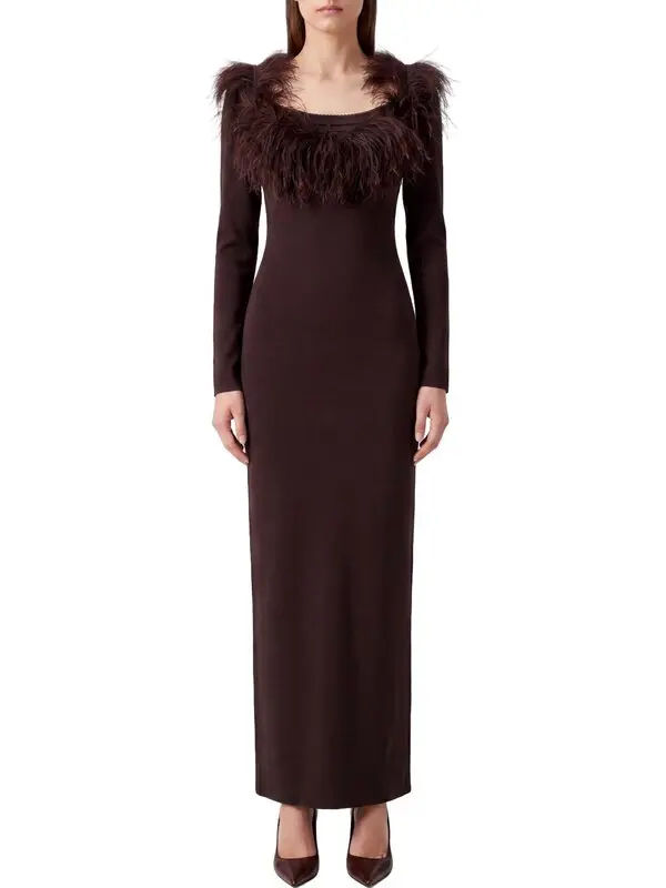 Attico Feather-embellished Leather Long Evening Gown - Brown
