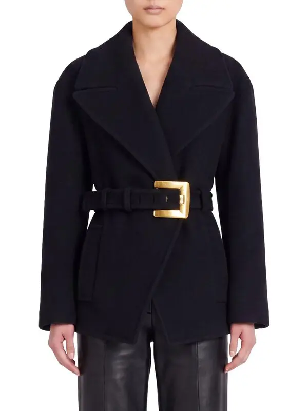 Balmain Belted Wool Caban Coat - Black