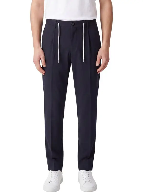 Eleventy Slim Fit Pleated Cotton Chino Trousers With Drawstring Waist - Blue