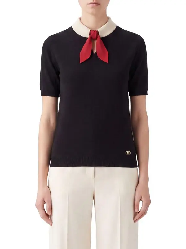 Valentino Garavani Short Sleeve Knit Top With Bow Detail - Black