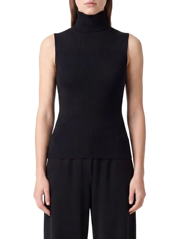 Extreme Cashmere Ribbed Turtleneck Sleeveless Top - Black
