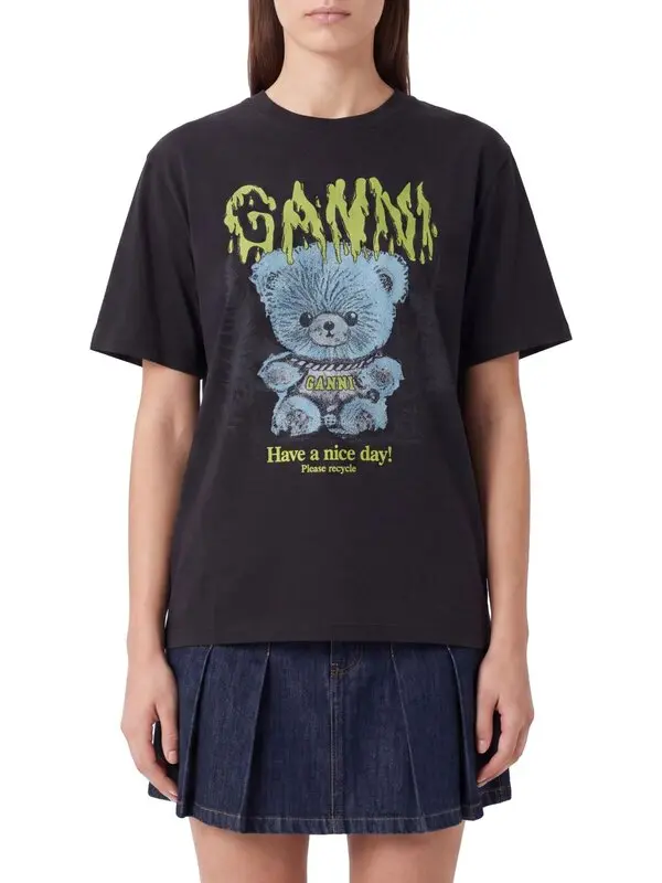 GANNI Teddy Bear Graffiti Logo Print Organic Cotton T-shirt - Black