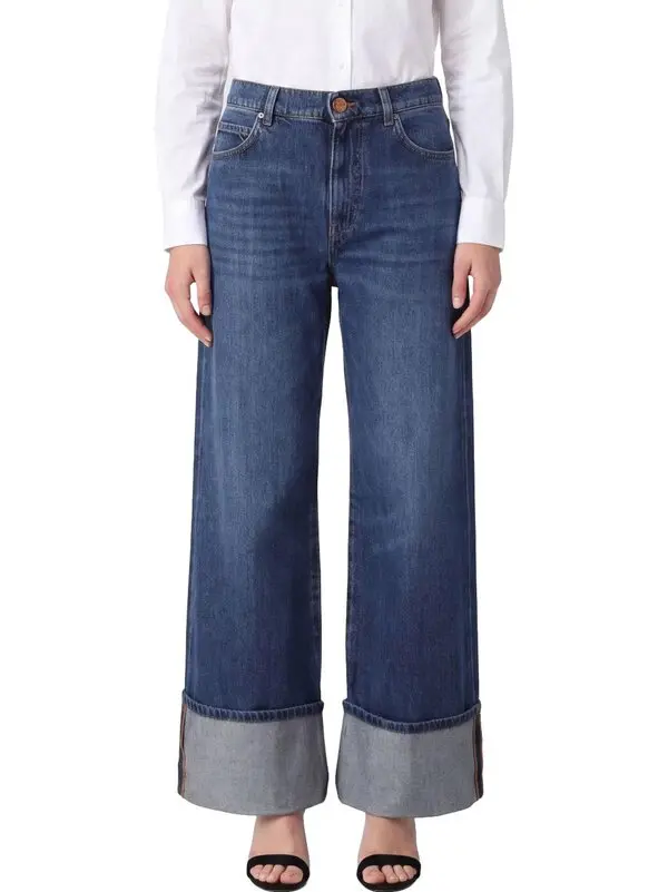 Pinko High-waisted Wide-leg Cuffed Denim Jeans With Love Birds Logo - Blue