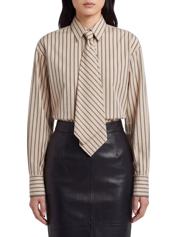 Brunello Cucinelli Striped Cotton Shirt With Concealed Buttoning - Beige