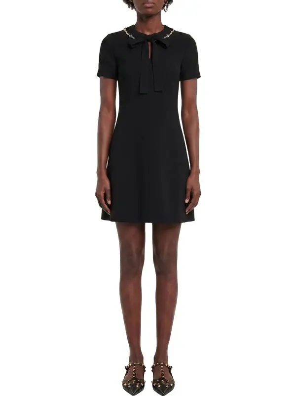 Valentino Garavani Viscose Blend A-line Mini Dress With Jeweled Scarf Neck - Black