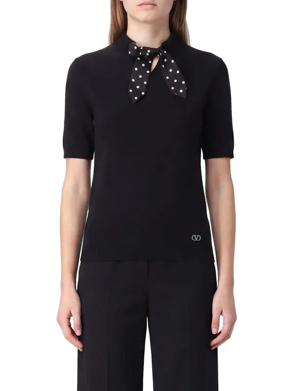 Valentino Garavani Virgin Wool Knit Top With Scarf Neck And Vlogo Signature - Black